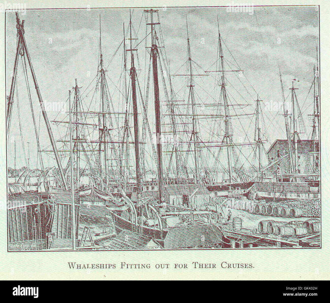 Whaleships preparing for their whaling cruises, where crews outfitted ...