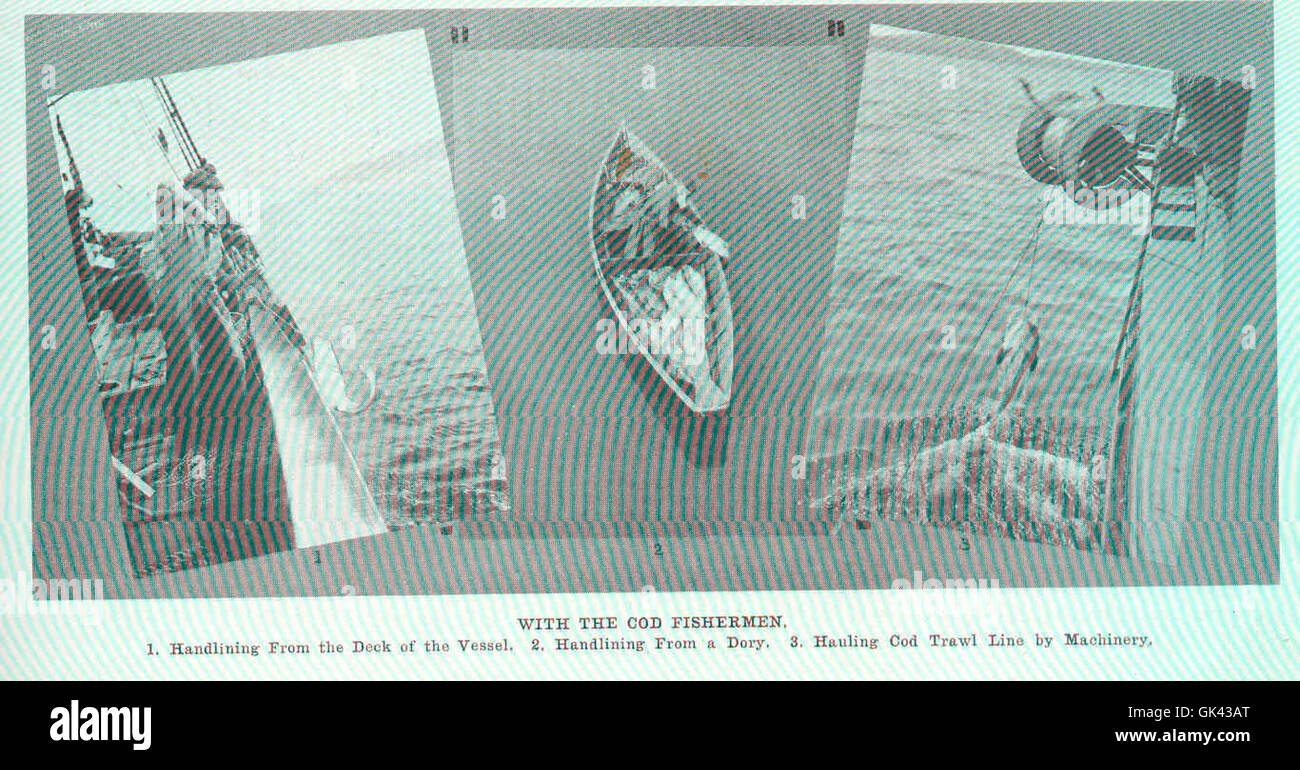 This image captures cod fishermen at work, likely in the North Atlantic ...