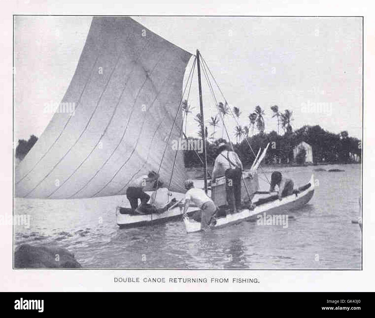 A traditional double canoe is shown returning from a fishing expedition ...