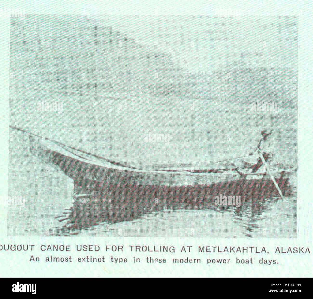 The dugout canoe, used for trolling at Metlakahta, Alaska, is a ...