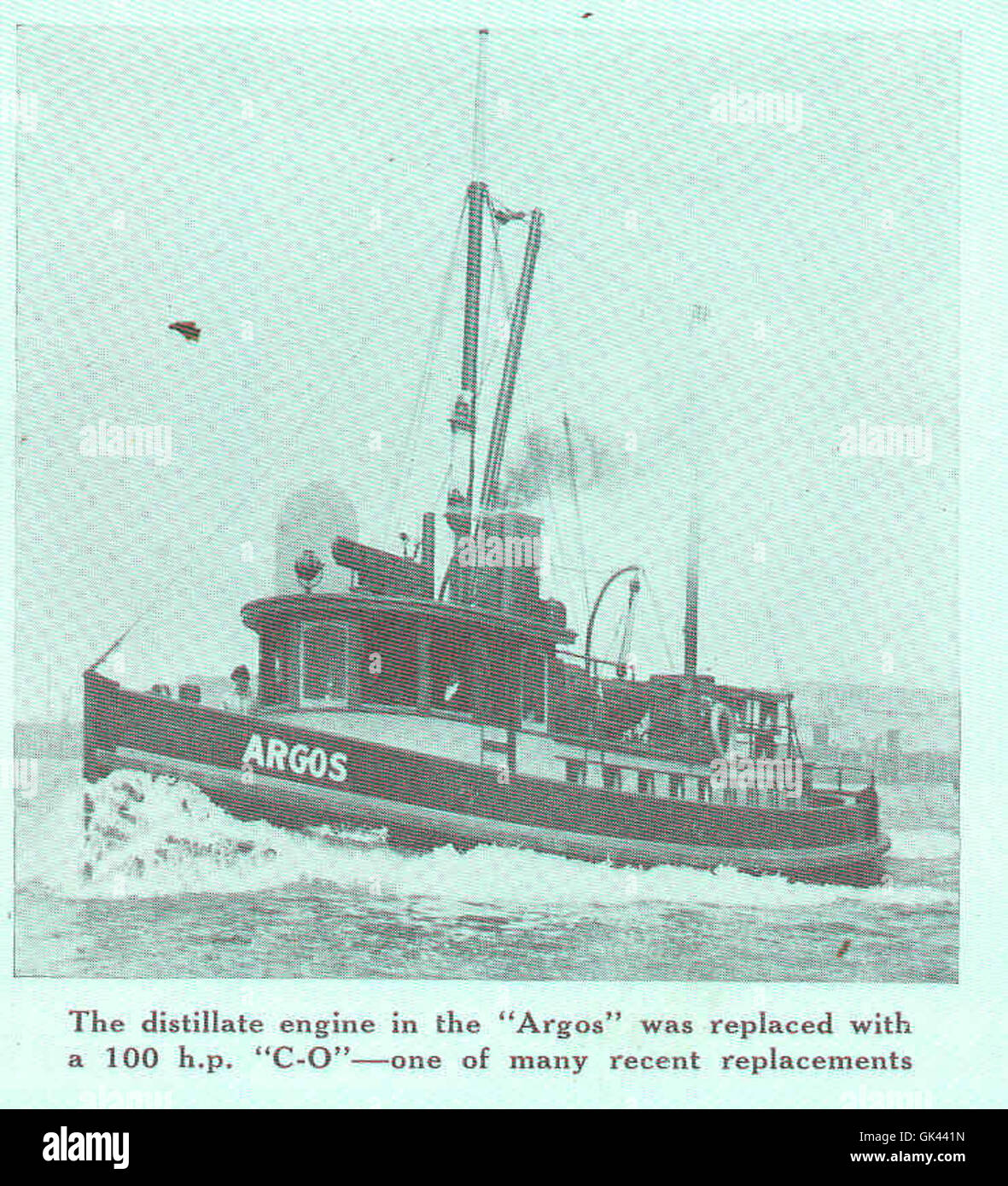 The 'Argos', a vessel, replaced its distillate engine with a 100 hp 'C ...