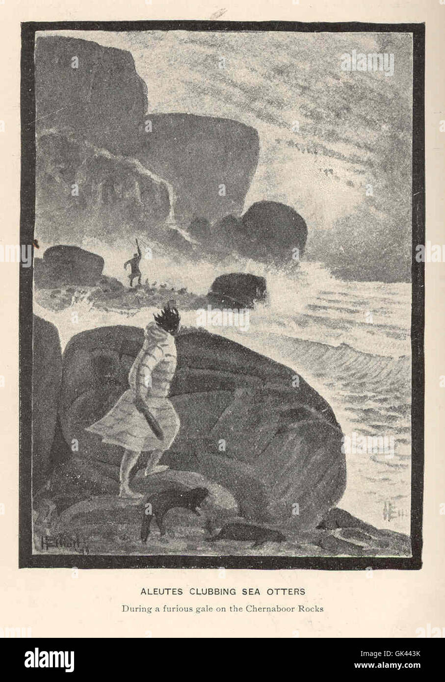 Aleut people are depicted clubbing sea otters in a traditional hunting ...