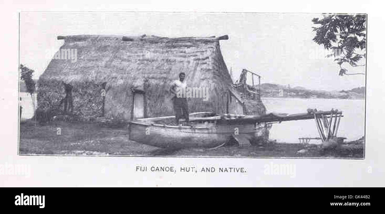 This scene depicts a traditional Fijian canoe, hut, and native ...