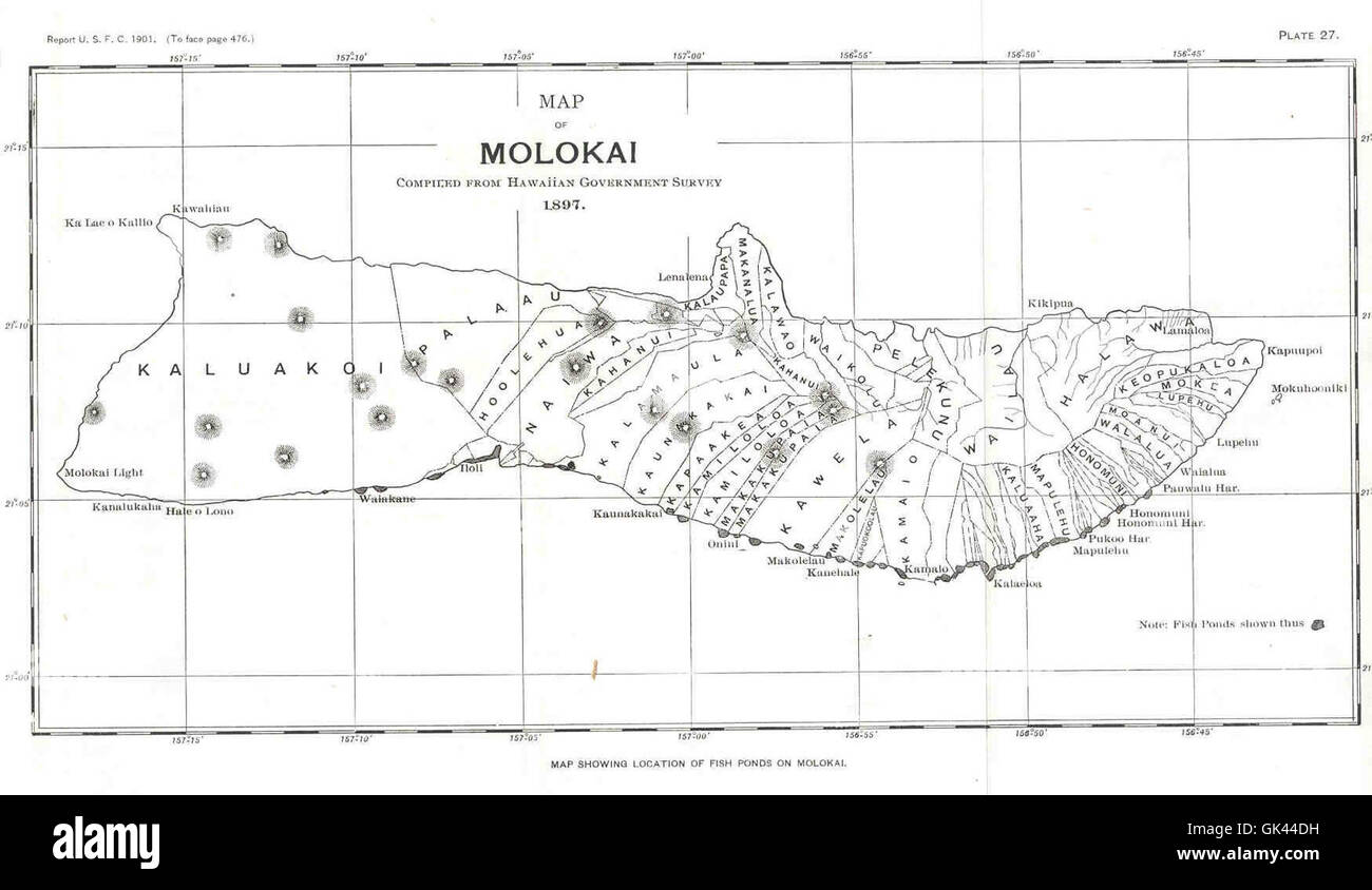 A map of Molokai, one of the Hawaiian Islands, showing its geographic ...