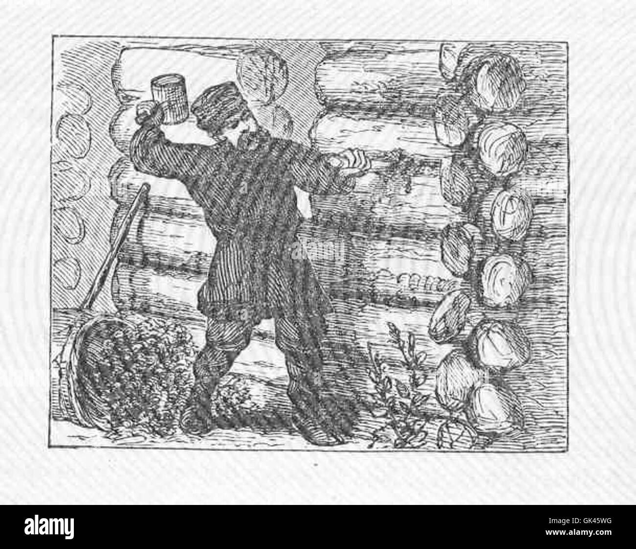 This image illustrates the process of building a log cabin, a ...