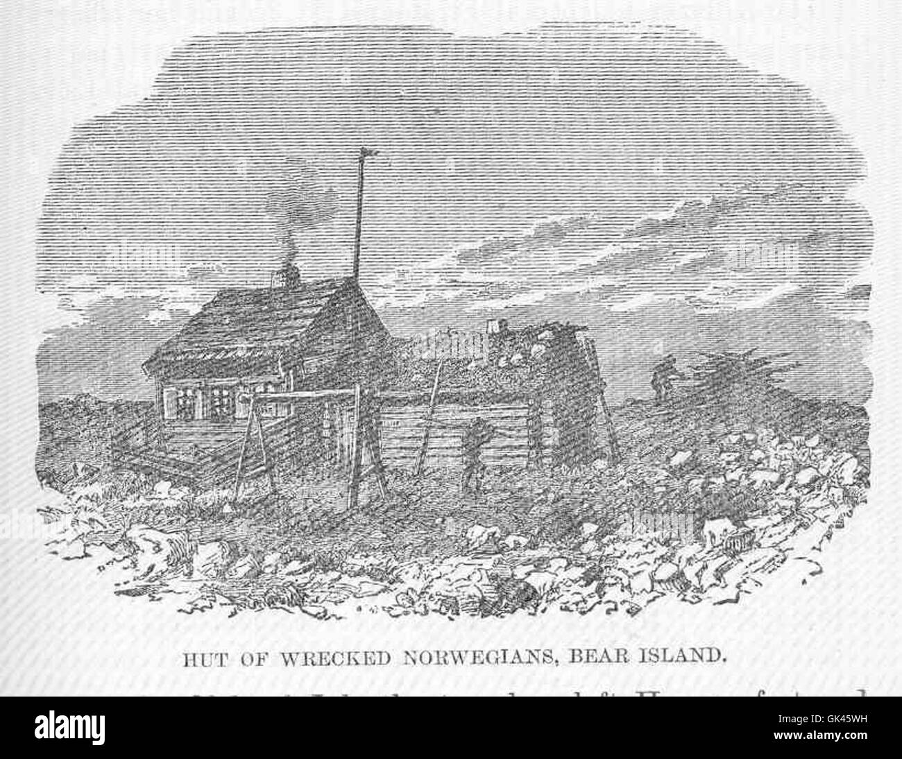 This historical image depicts a hut constructed by Norwegian survivors ...