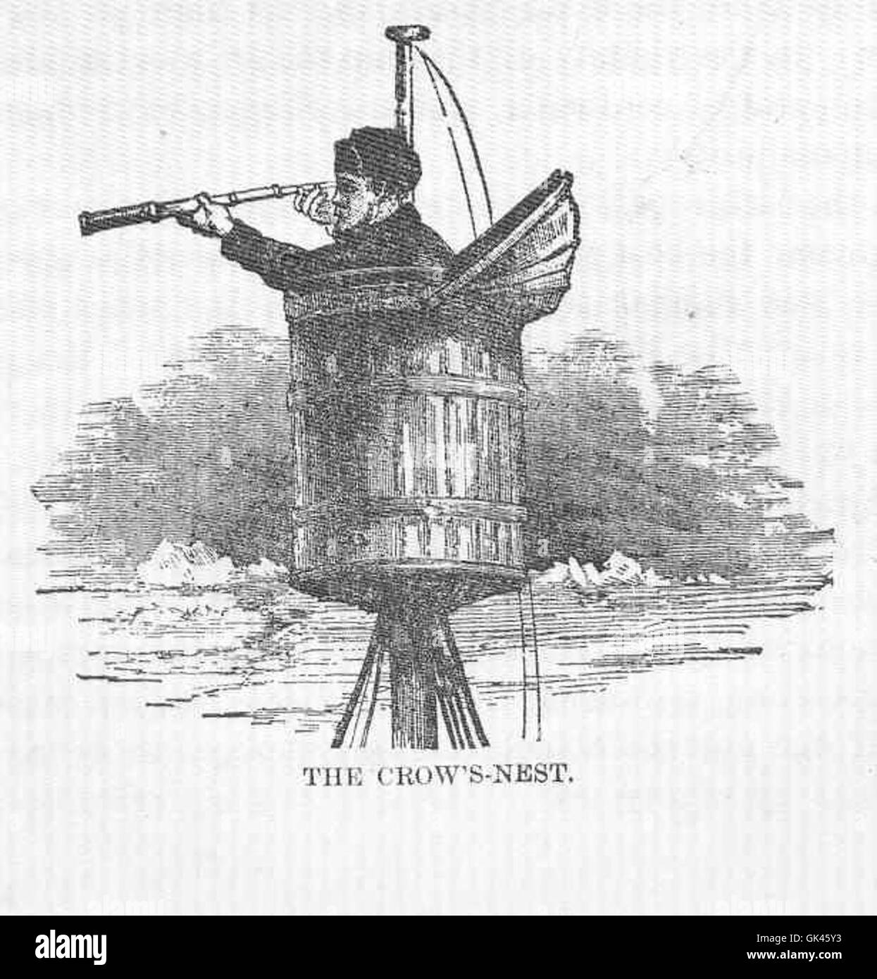 The crow's-nest, a lookout point on a ship’s mast, is shown here. It ...
