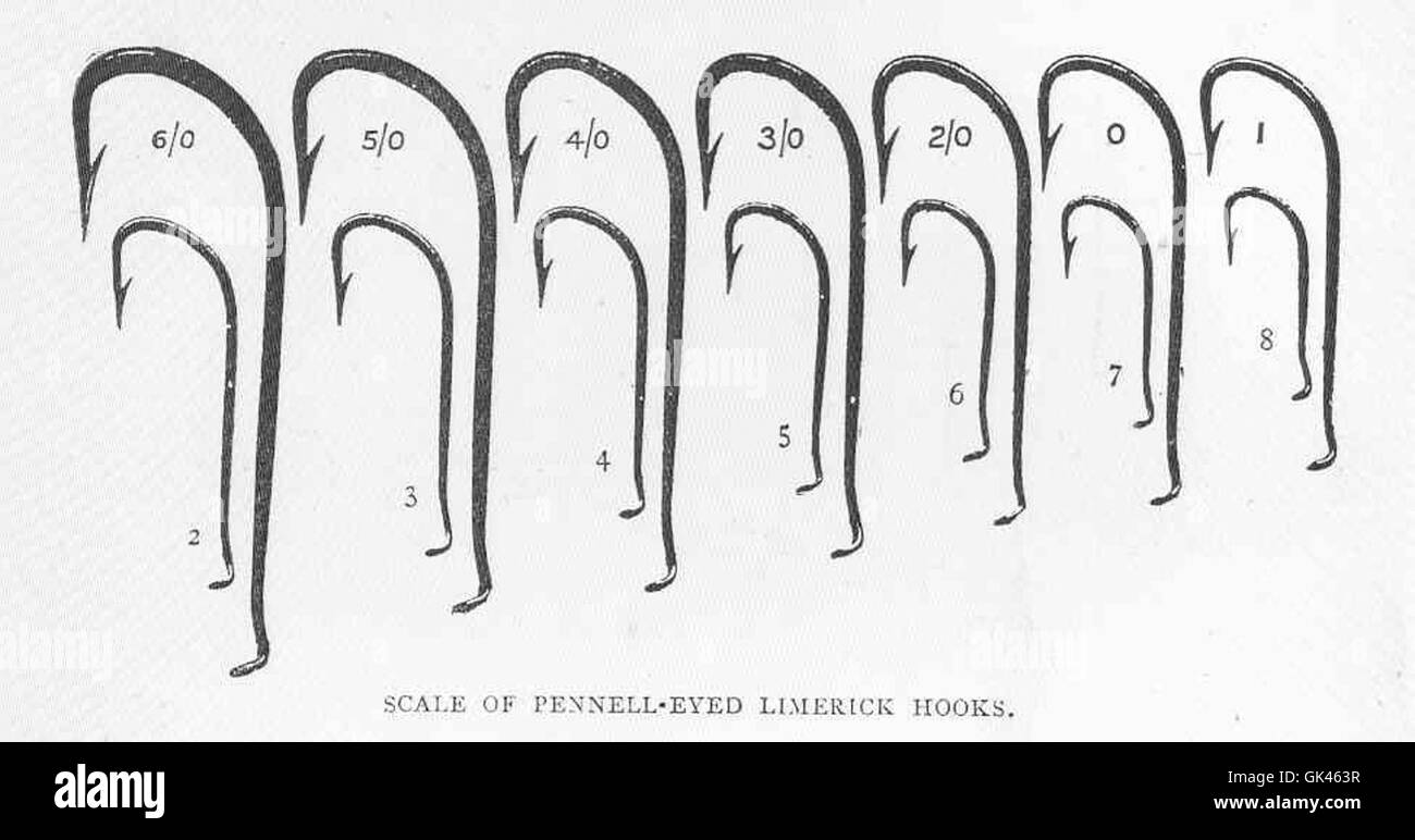 The scale of Pennell-eyed Limerick hooks shows the detailed design of ...