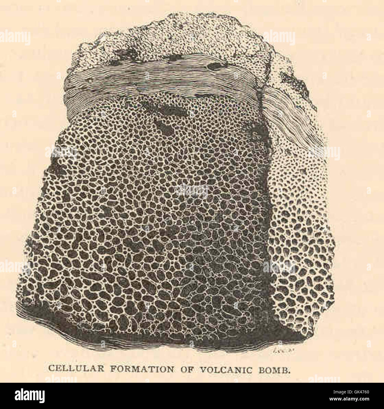 This image illustrates the cellular formation of a volcanic bomb, a ...