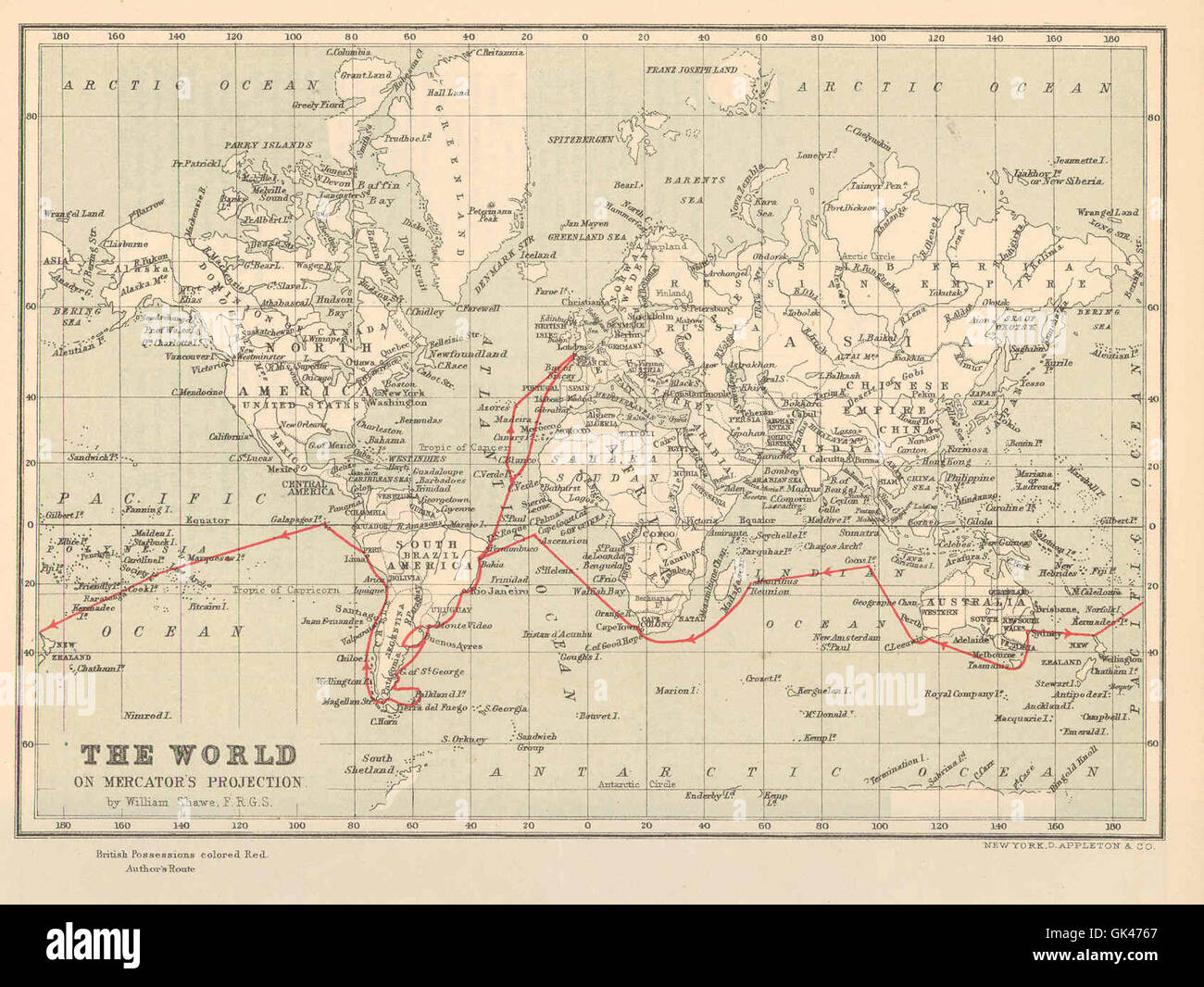 This image shows a map of the world based on Mercator's projection ...