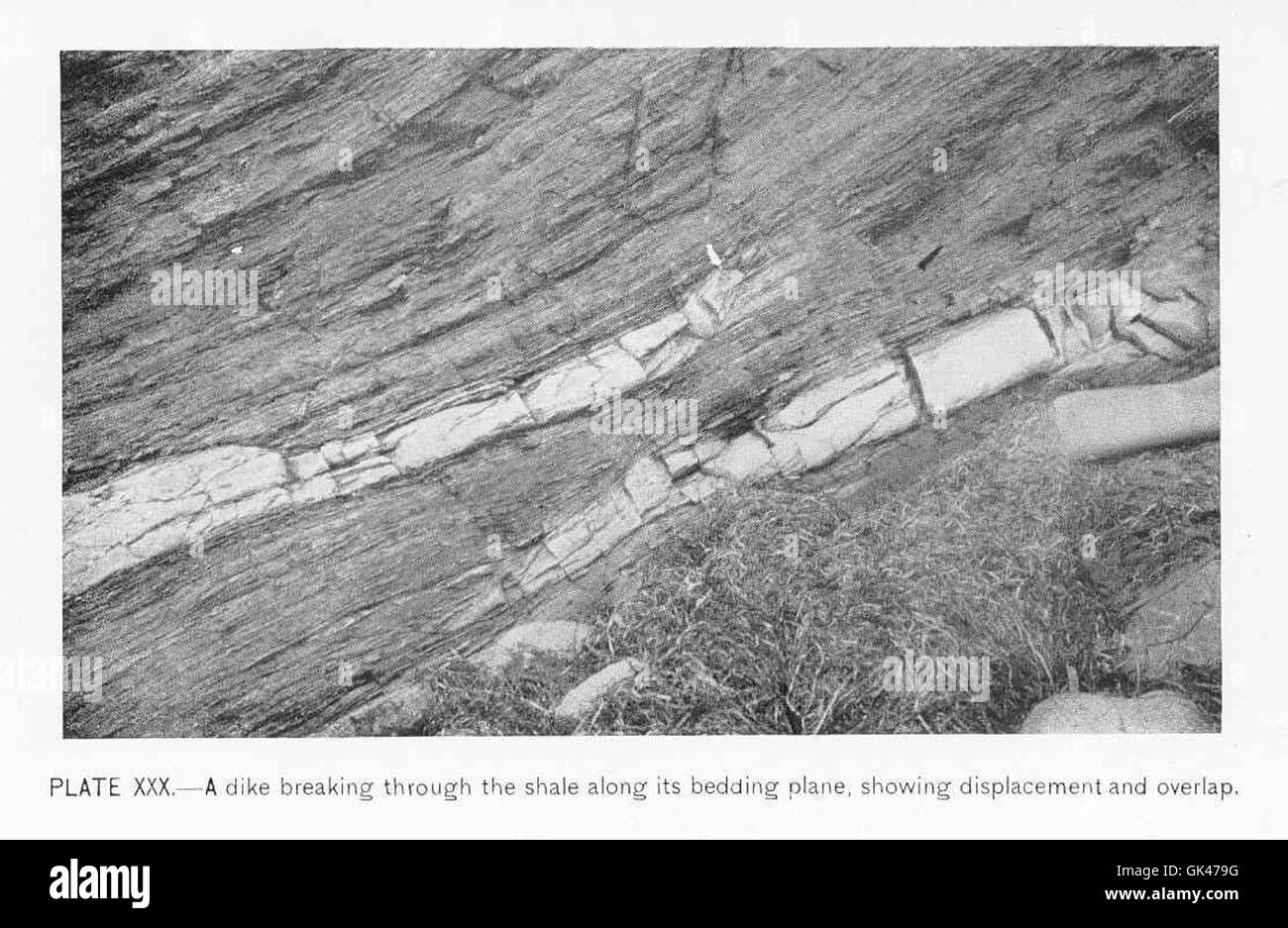 A geological dike breaking through shale along its bedding plane ...