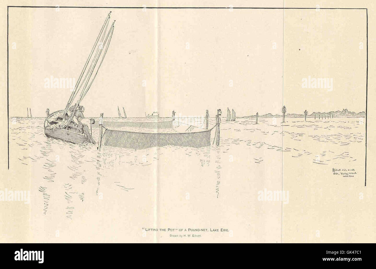 This image depicts the process of lifting a pound-net pot in Lake Erie ...