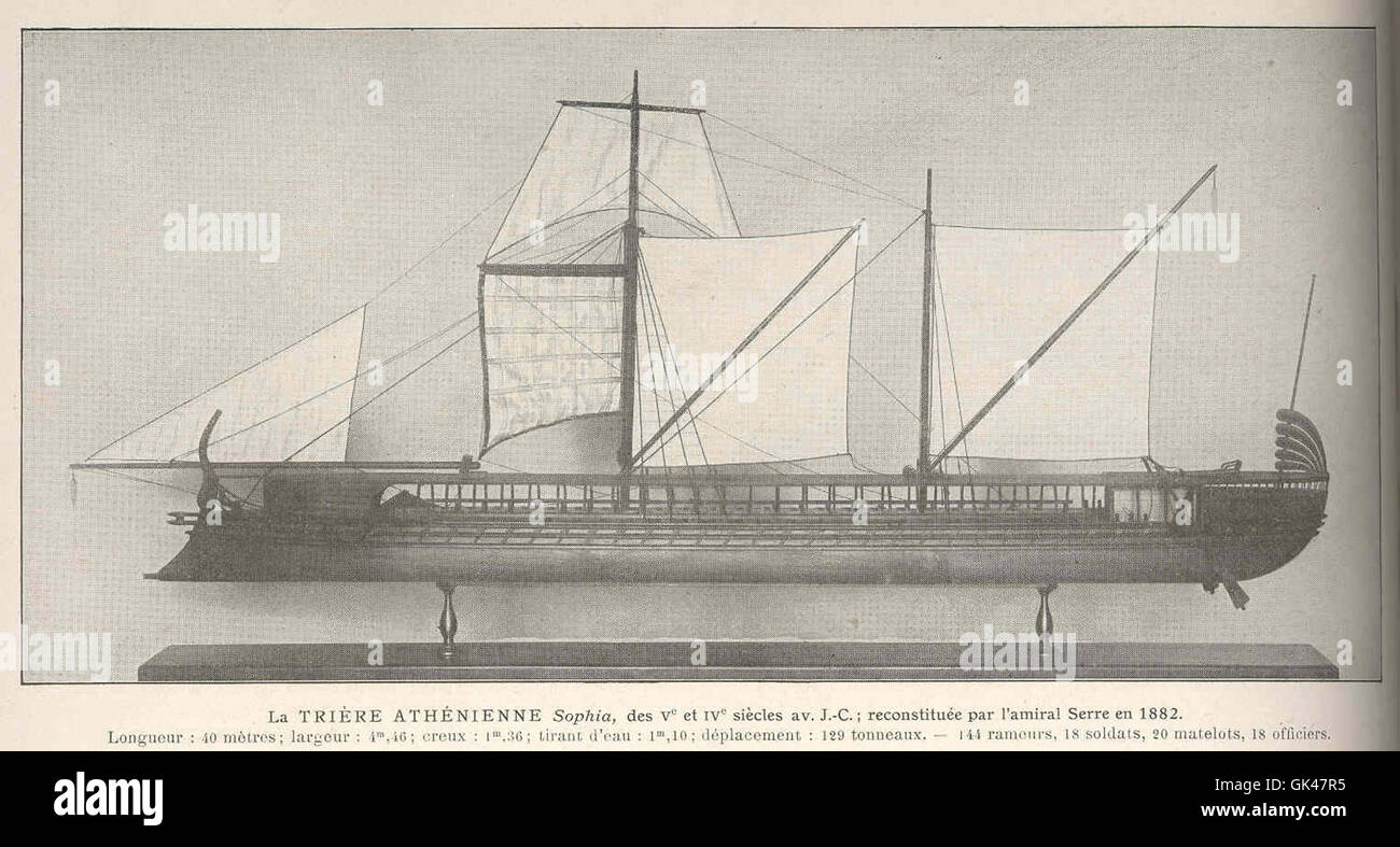 The Athenian trireme Sophia, reconstructed by Admiral Serre in 1882, is ...