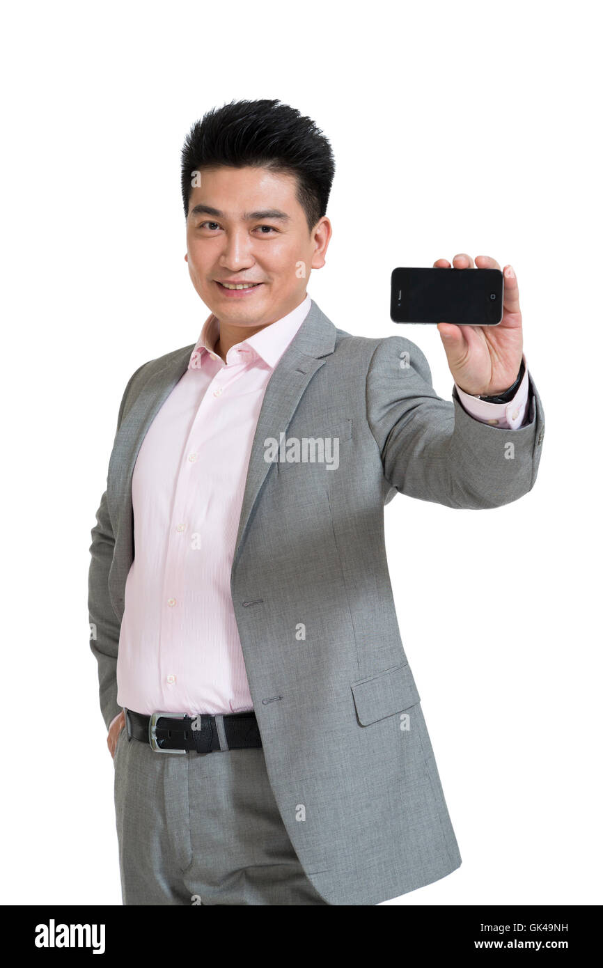 Studio shot business men show a mobile phone Stock Photo - Alamy