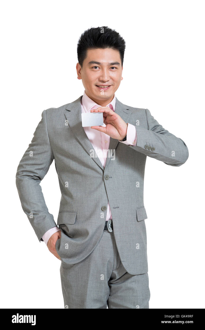 Studio shot business man show card Stock Photo - Alamy