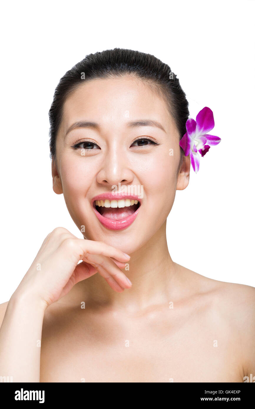 Studio shot young woman's facial expressions Stock Photo - Alamy