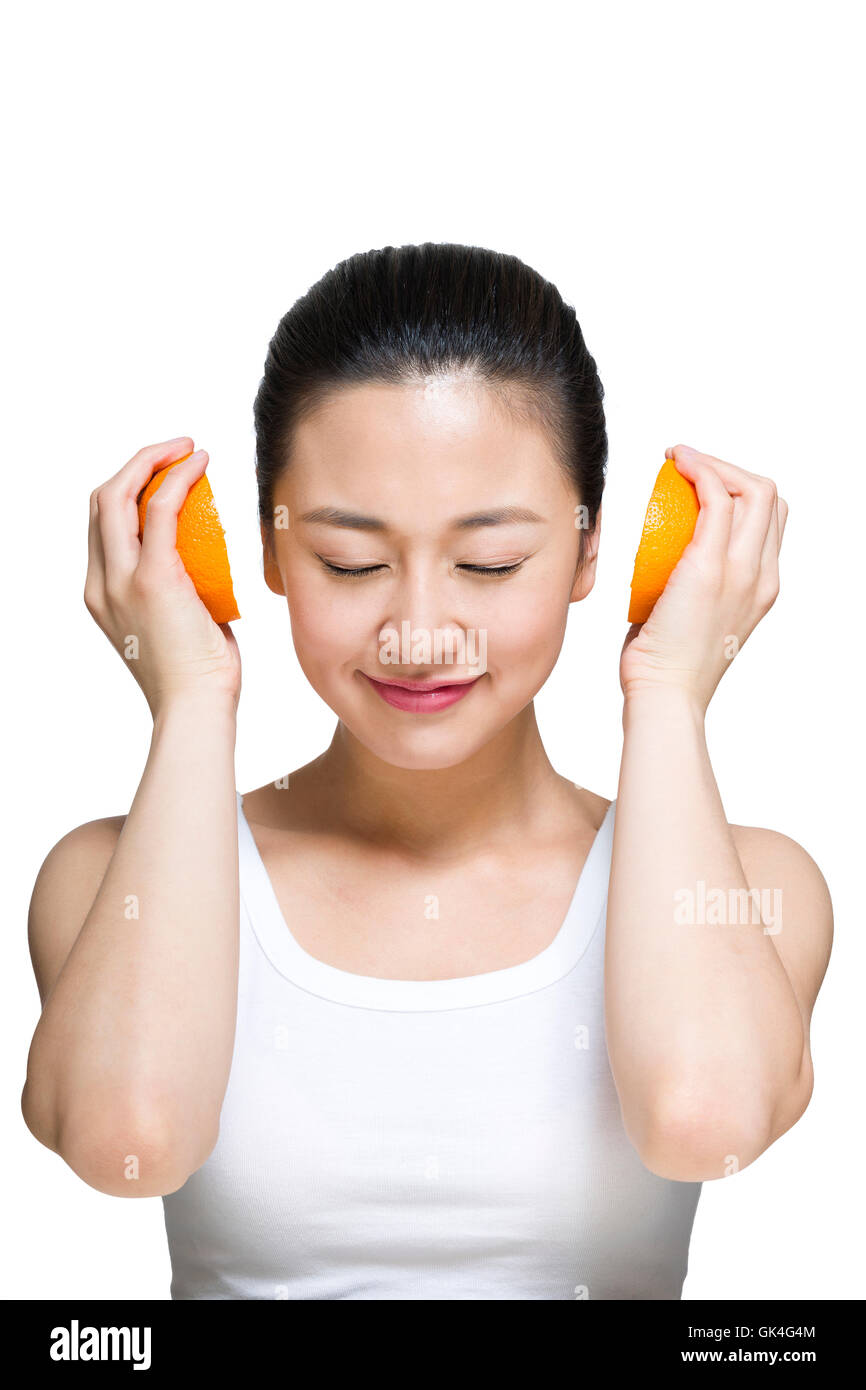 Studio shot young woman's facial expressions Stock Photo - Alamy