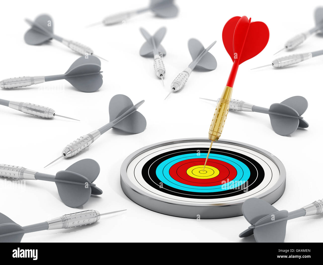 Red dart and target stand out among gray darts. 3D illustration Stock ...