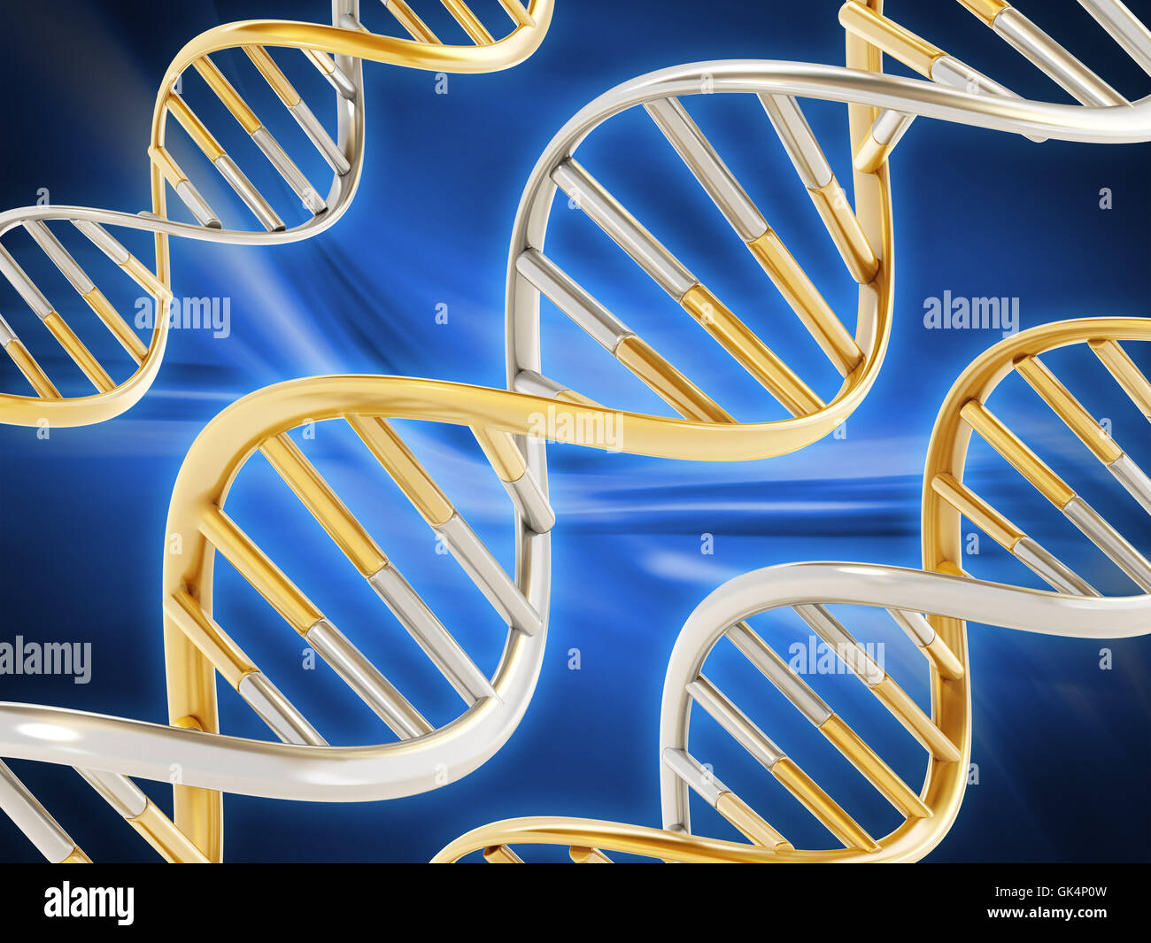 Gold and silver colored dna helix on blue surface. 3D illustration ...