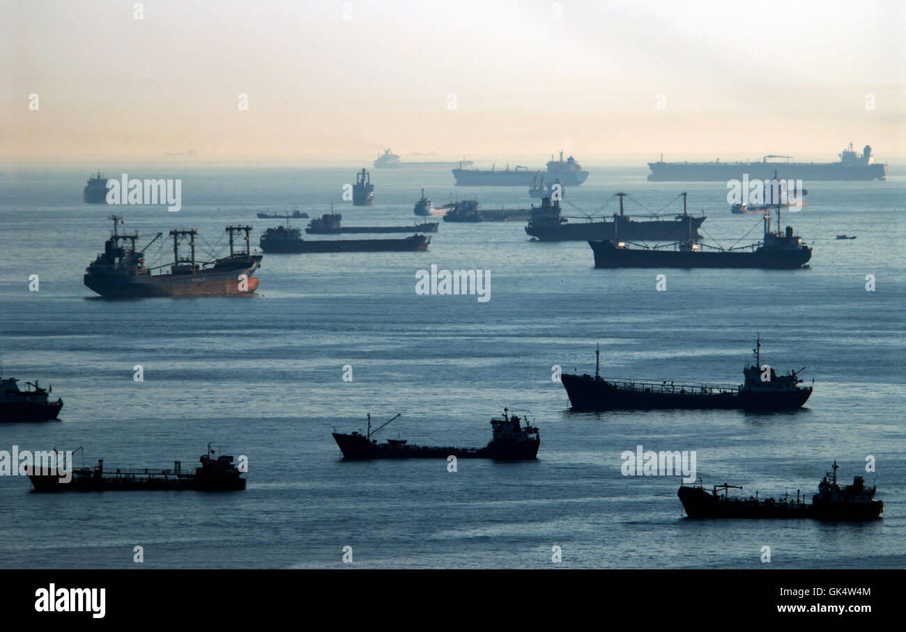 Istanbul, Turkey --- Cargo ships moored on the Bosphorus in Istanbul ...
