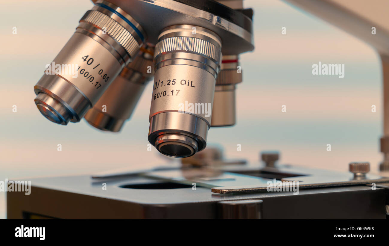 Microscope and test tubes in laboratory, Blue toned image Stock Photo ...