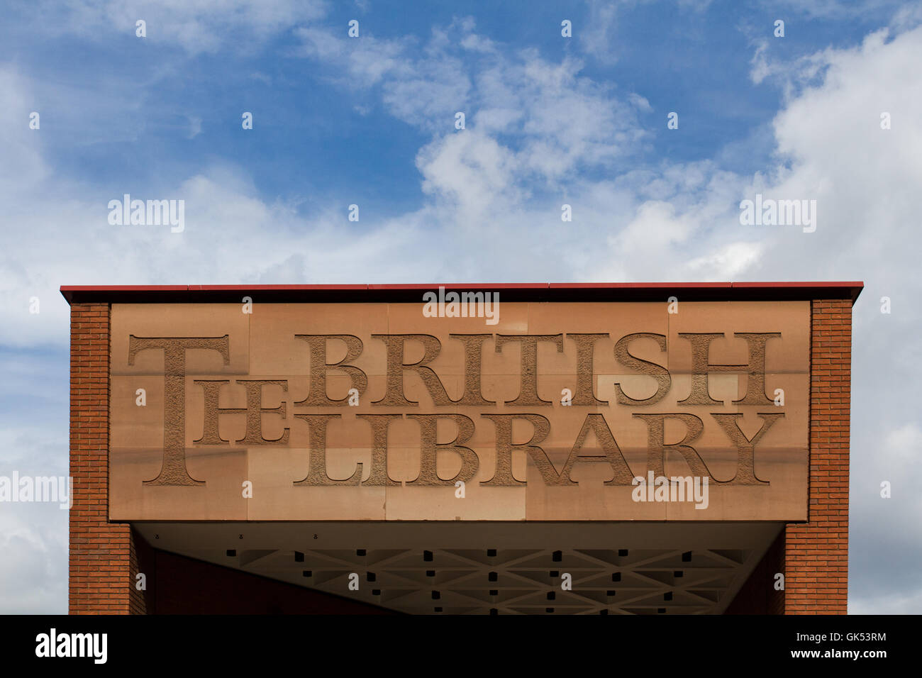 The red brick sign at the main entrance to The British Library in ...