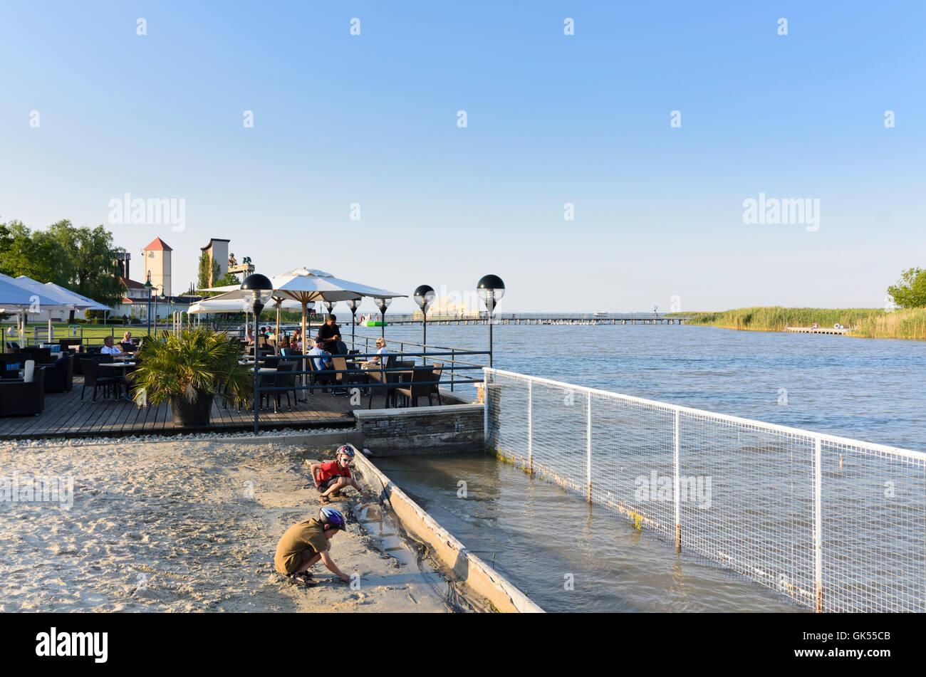 Mörbisch am See: Lake Neusiedl , in the background a backdrop of the ...