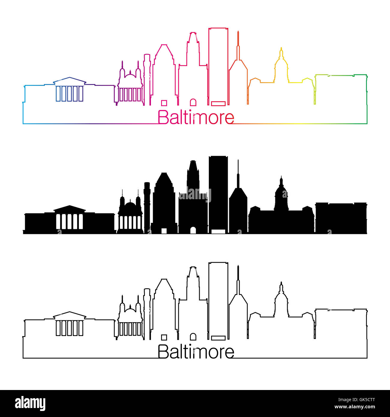 Baltimore skyline linear style with rainbow in editable vector file ...