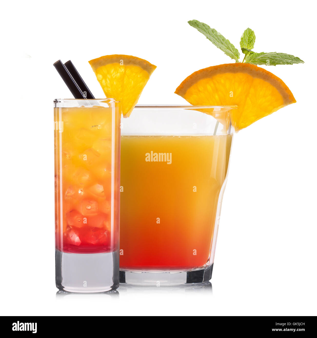Set of orange cocktails with fruits and colorful straw isolated on ...