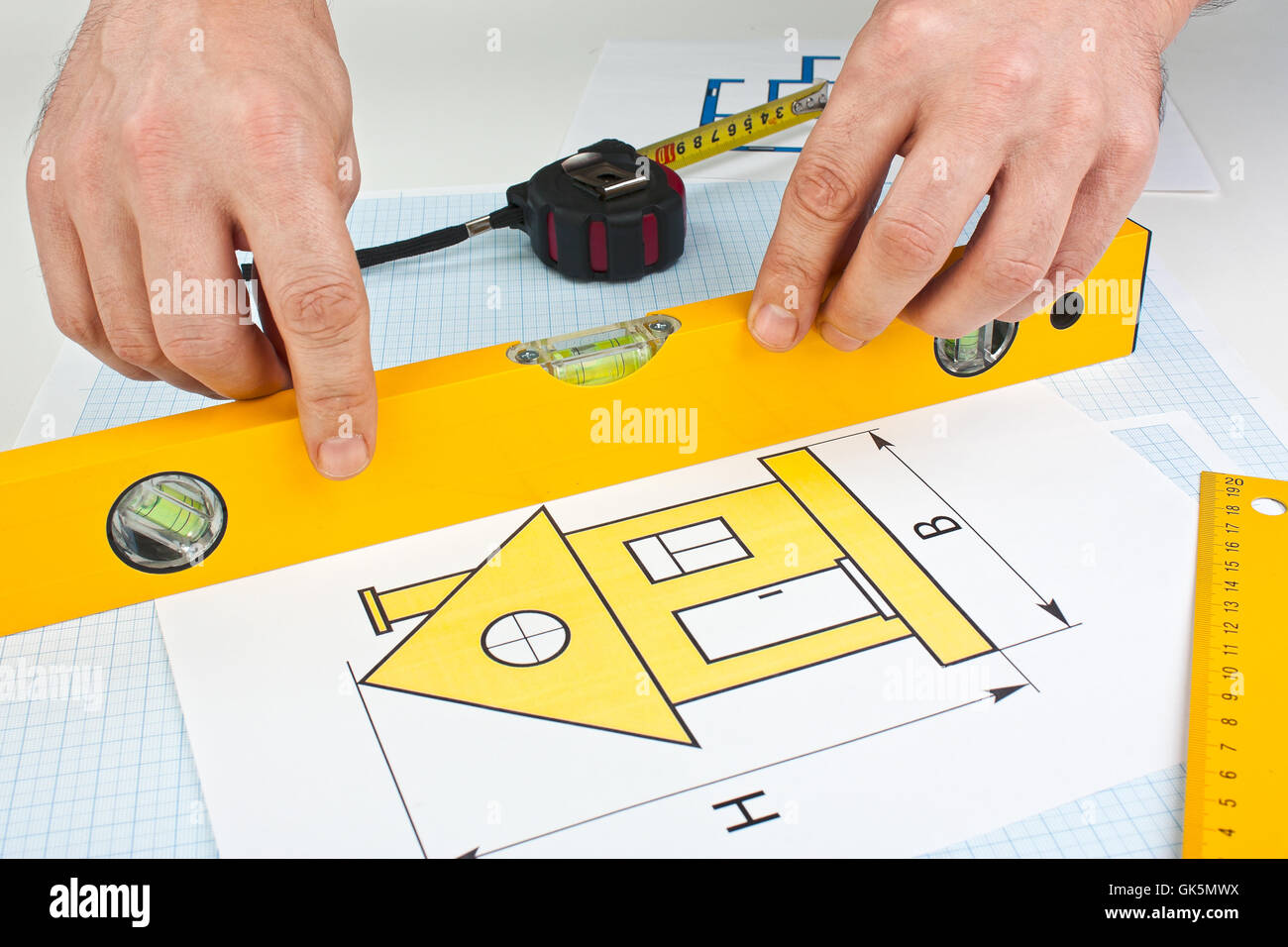 drawing at home with construction tools Stock Photo - Alamy