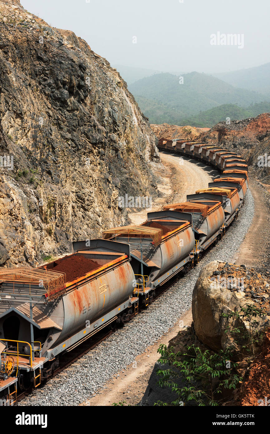 Transporting and managing iron ore.100 wagon ore train hauled by 4 ...