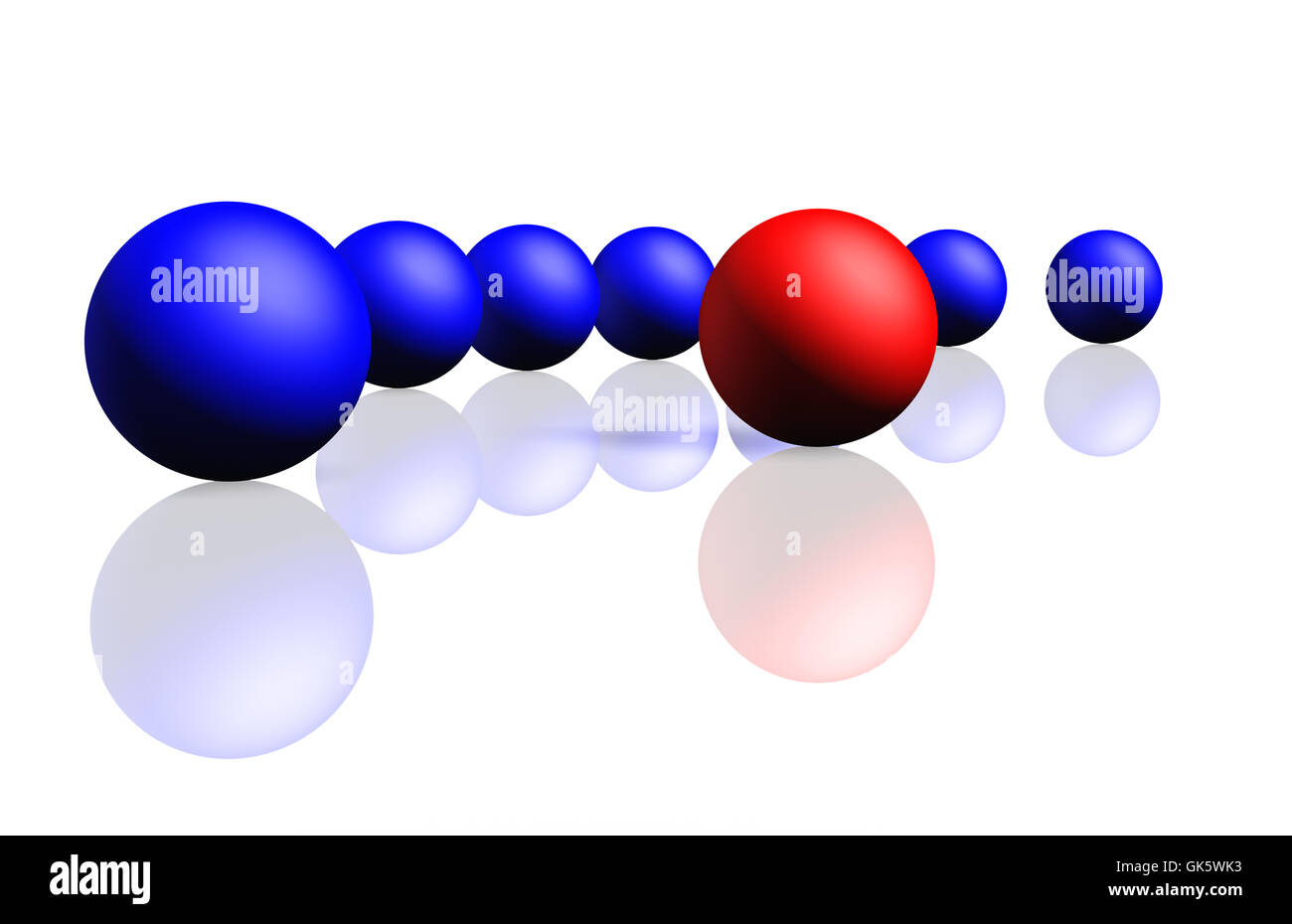 Unique red sphere with a row of dark blue spheres Stock Photo - Alamy