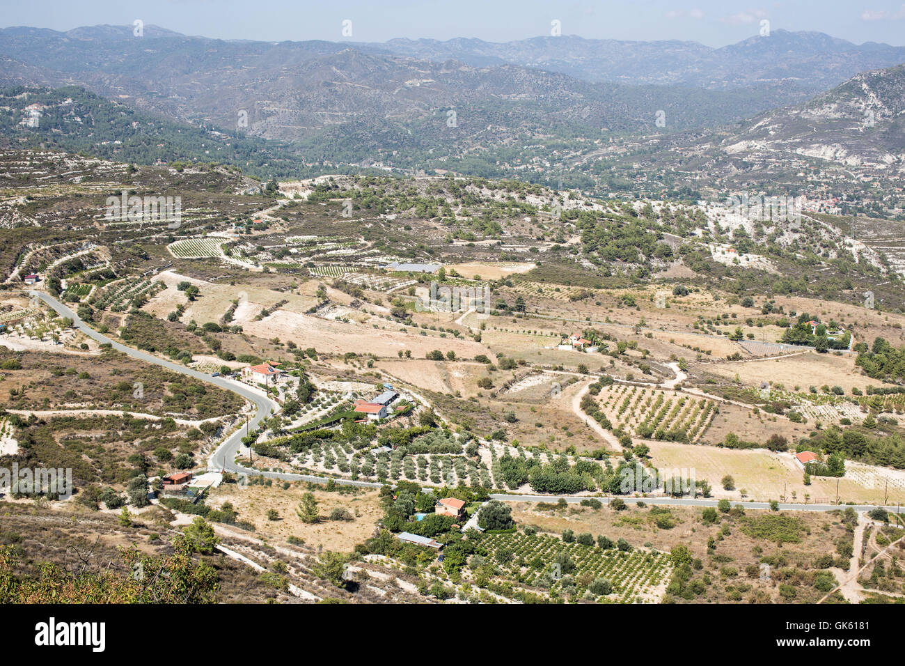 A view of the landscape and mountains from above the village of Lofou ...