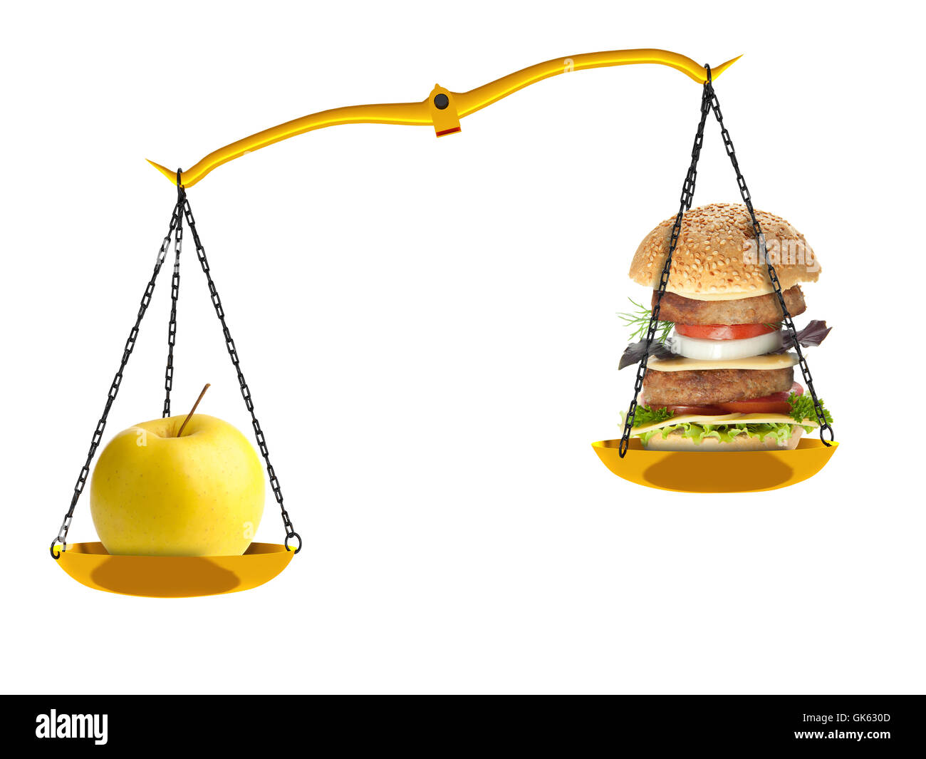 Scales with an apple and a hamburger Stock Photo - Alamy