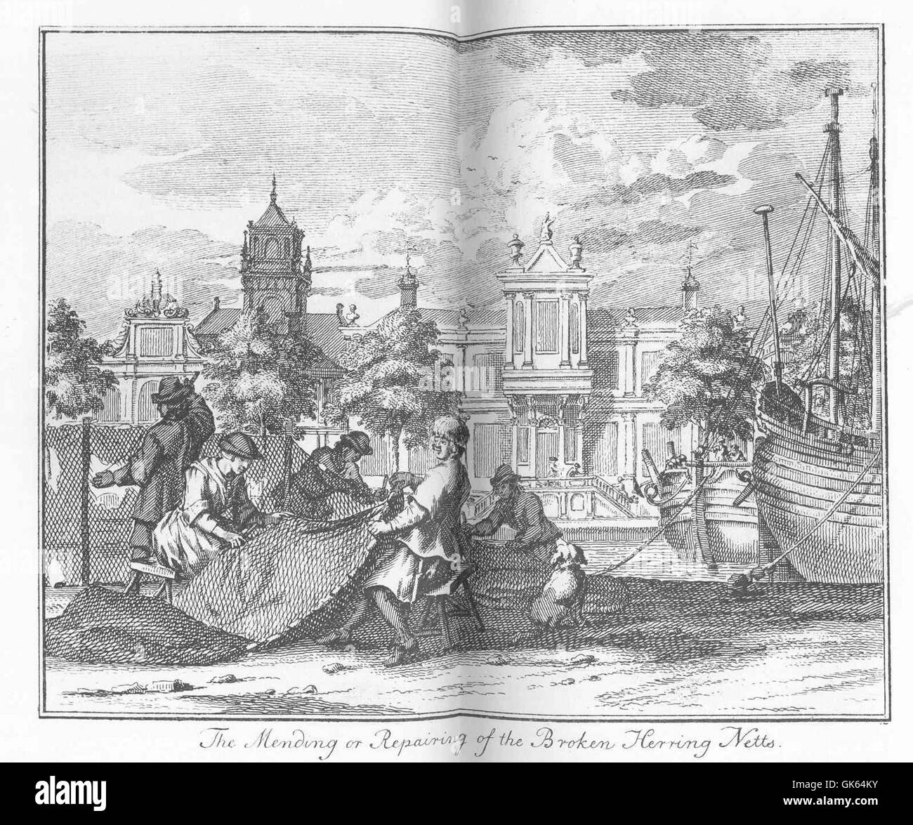 This image shows the process of mending or repairing broken herring ...