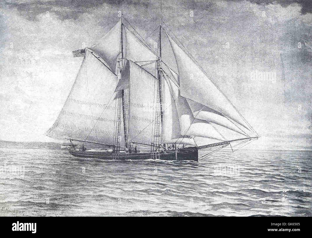 The Grampus, a type of sailboat, is depicted under sail in this image ...
