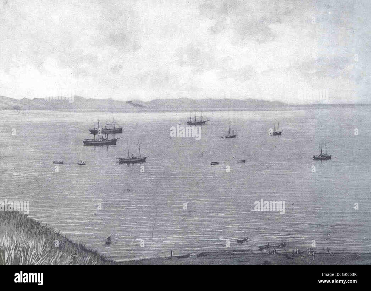 This image shows a fleet of salmon vessels in Karluk Bay, Alaska, on ...