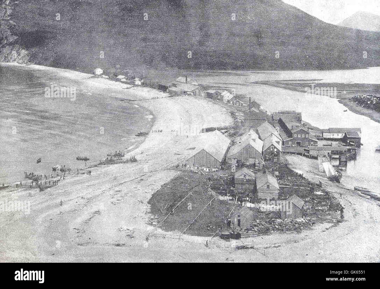 The Karluk Peninsula is depicted with its prominent canneries, seining ...