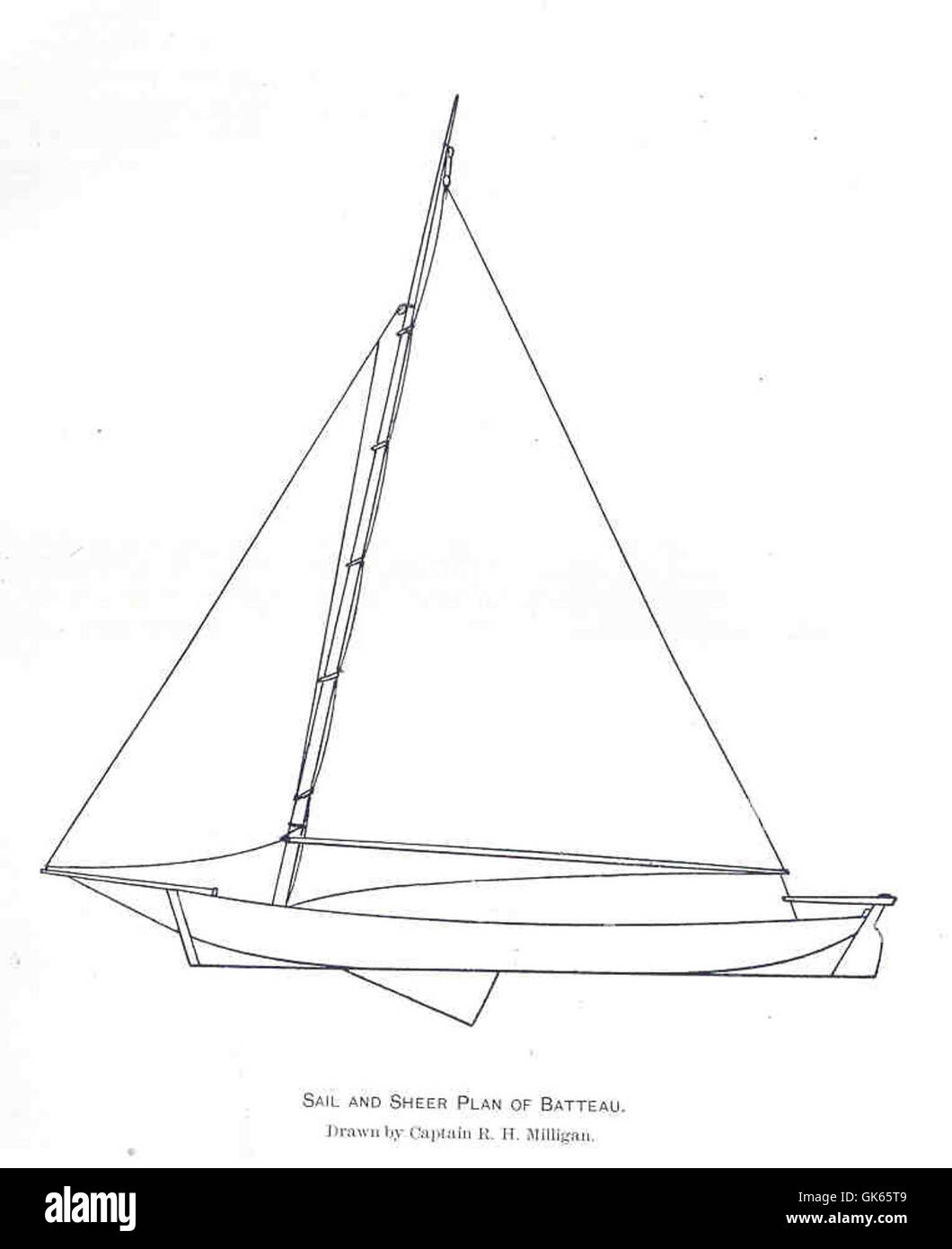 A detailed diagram illustrating the sail and sheer plan of a batteau, a ...