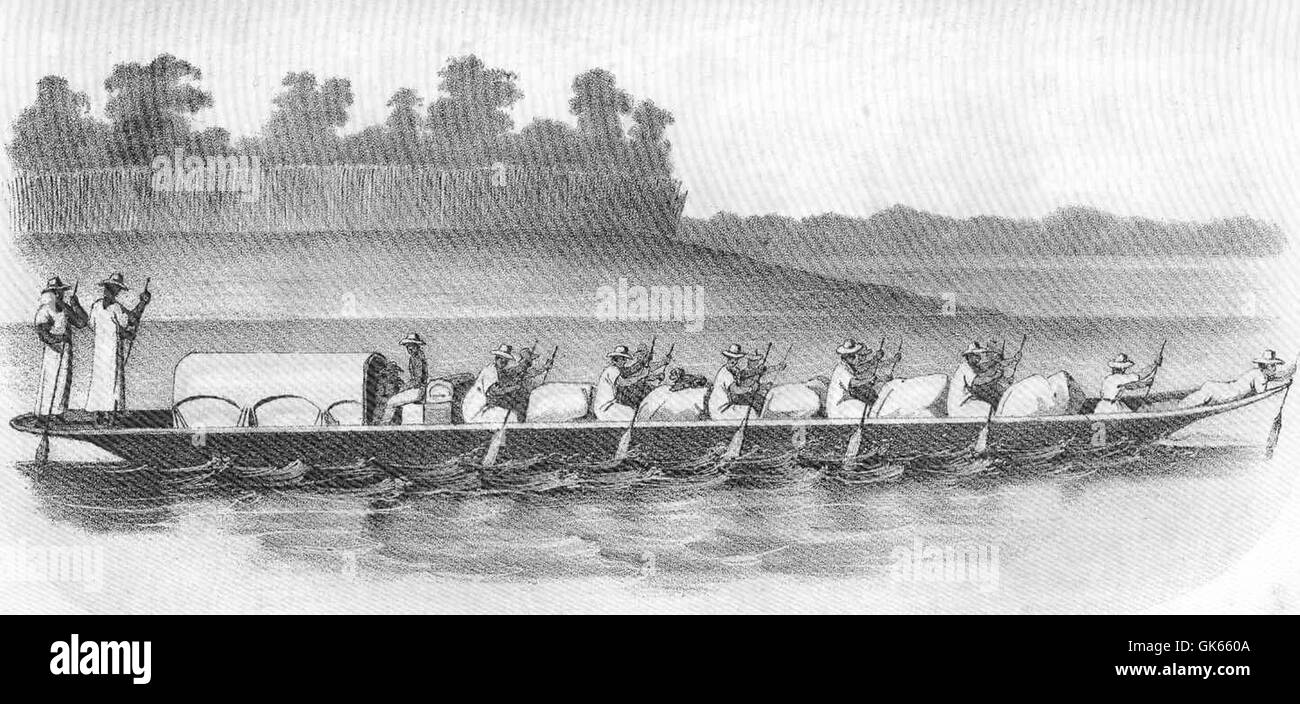 A scene depicting the descent of a boat down the River Mamore in ...