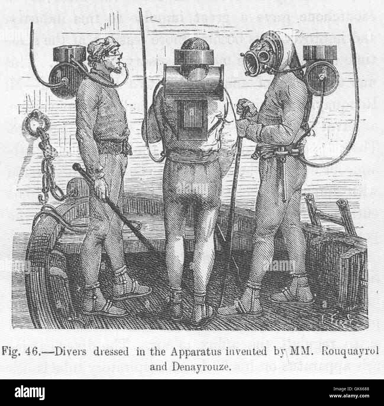 This image shows divers equipped with the diving apparatus invented by ...