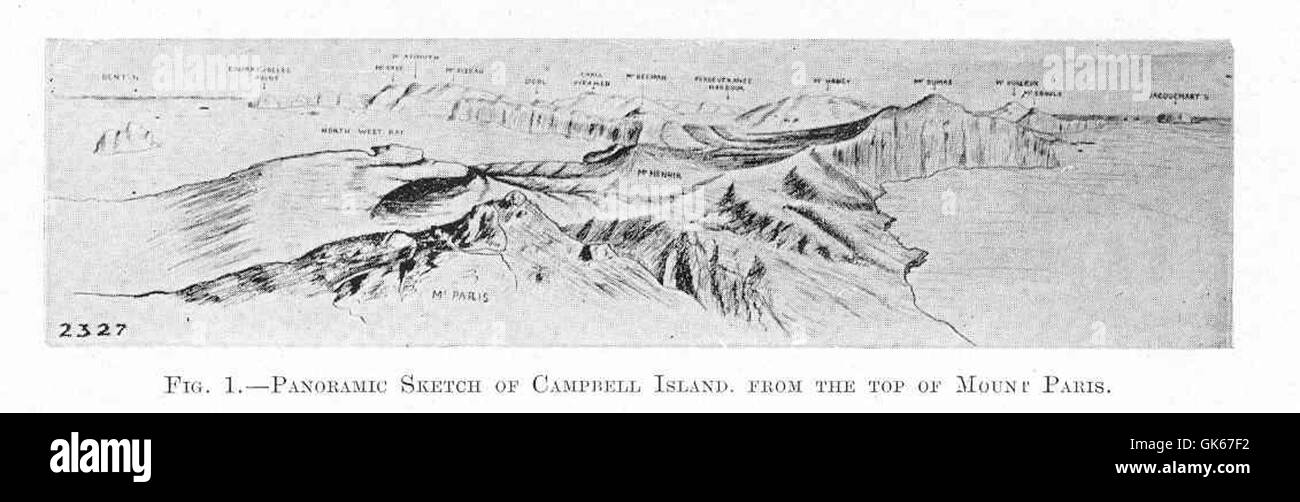 This panoramic sketch shows a view of Campbell Island from the top of ...