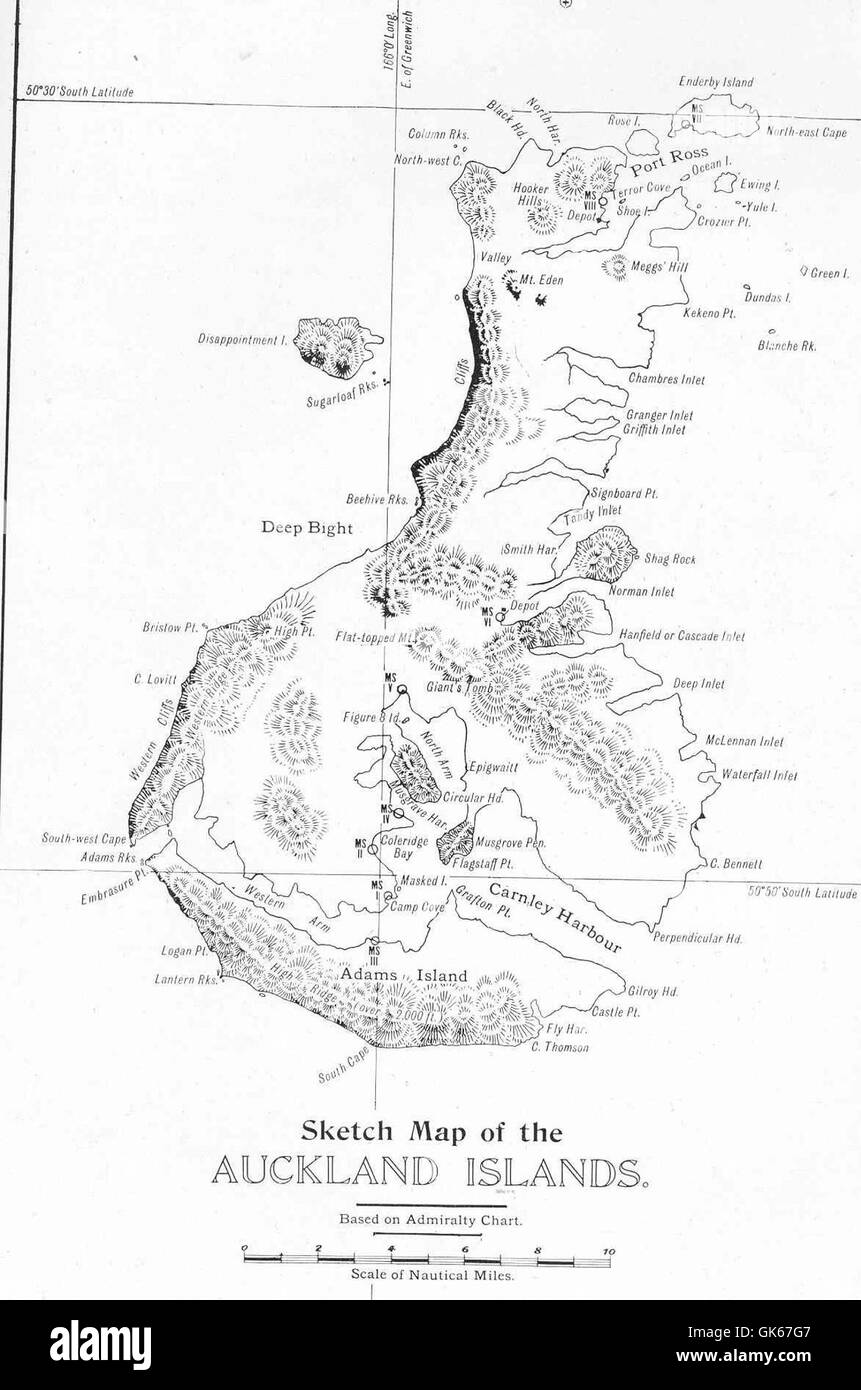 This sketch map shows the Auckland Islands, located south of New ...