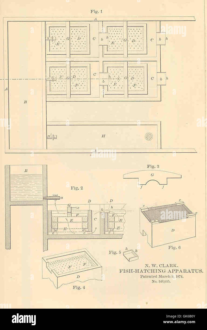 This illustration depicts a fish-hatching apparatus designed by N.W ...