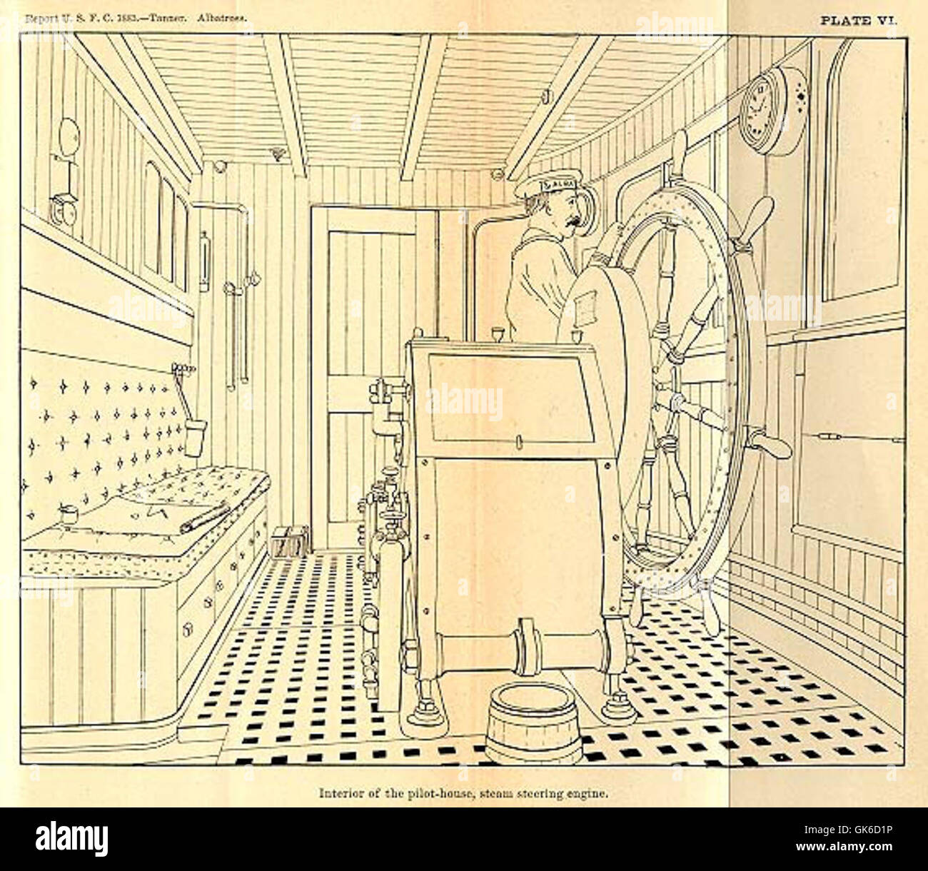 This image shows the interior of the pilot-house of a steamship ...