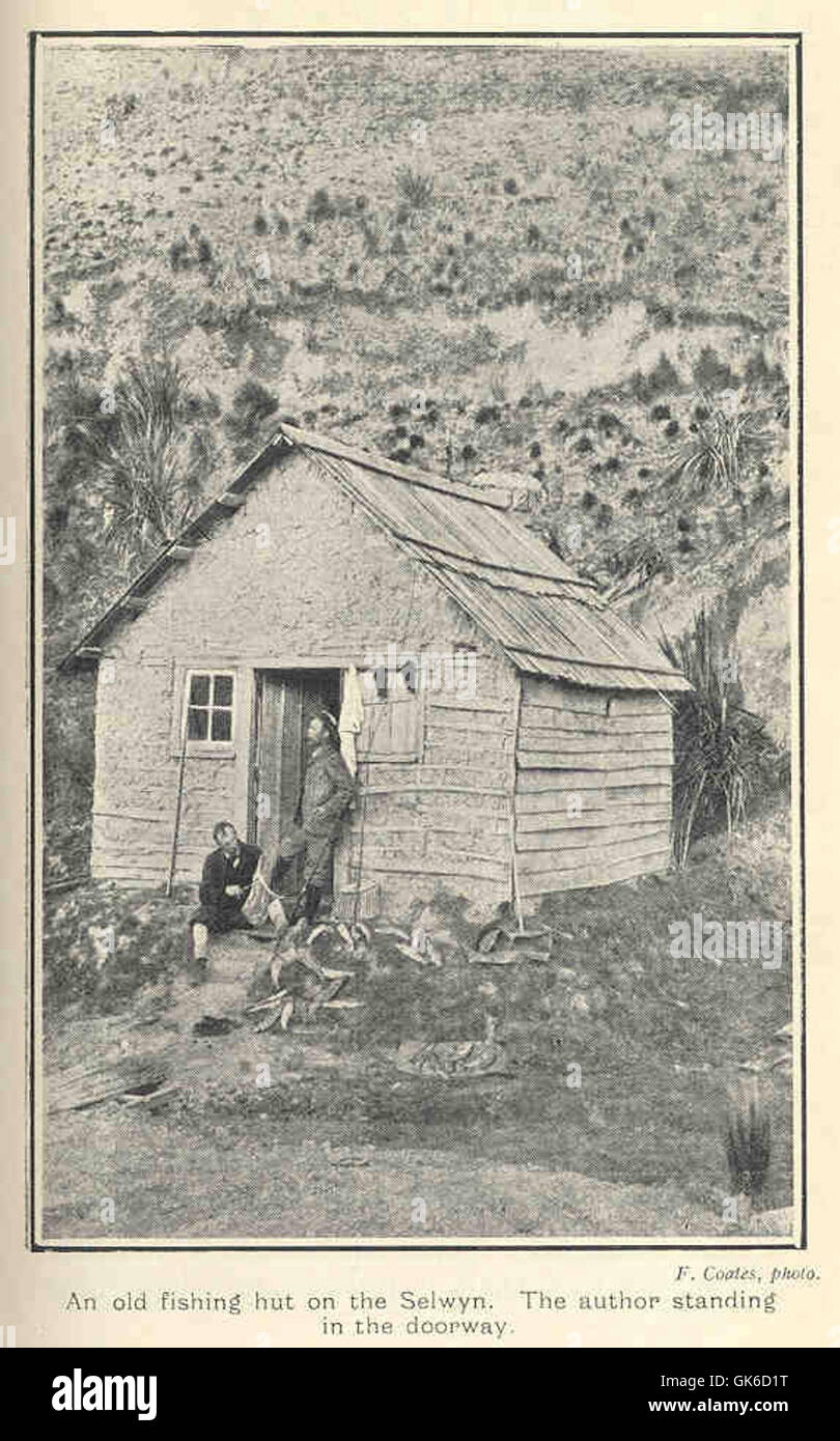 This image shows an old fishing hut located on the Selwyn River. The ...