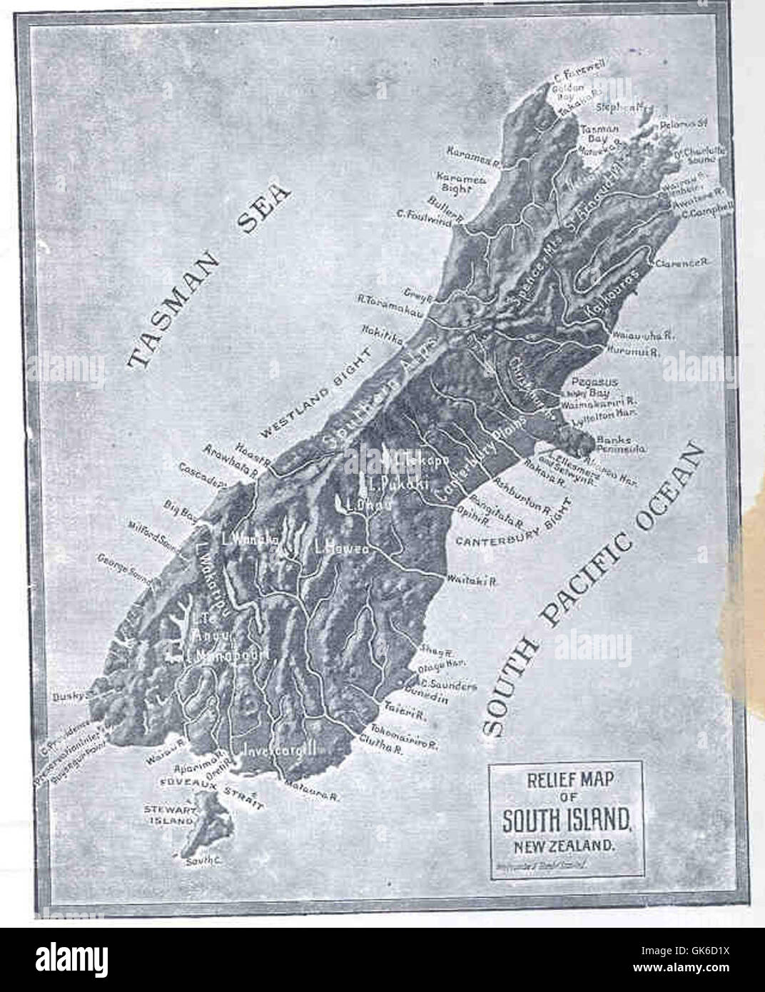 A relief map of South Island, New Zealand, showcasing the island's ...