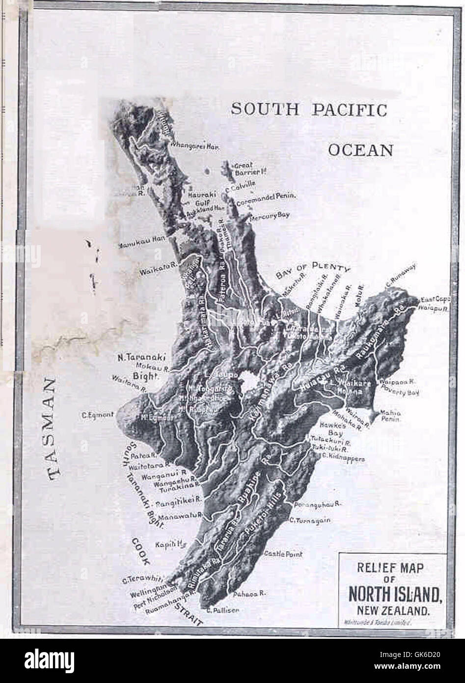 A relief map depicting the geographical features of North Island, New ...