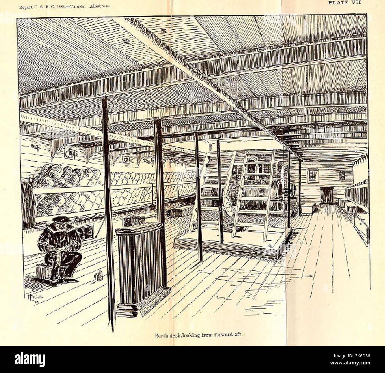 A view of the berth desk aboard a ship, looking from the forward to aft ...