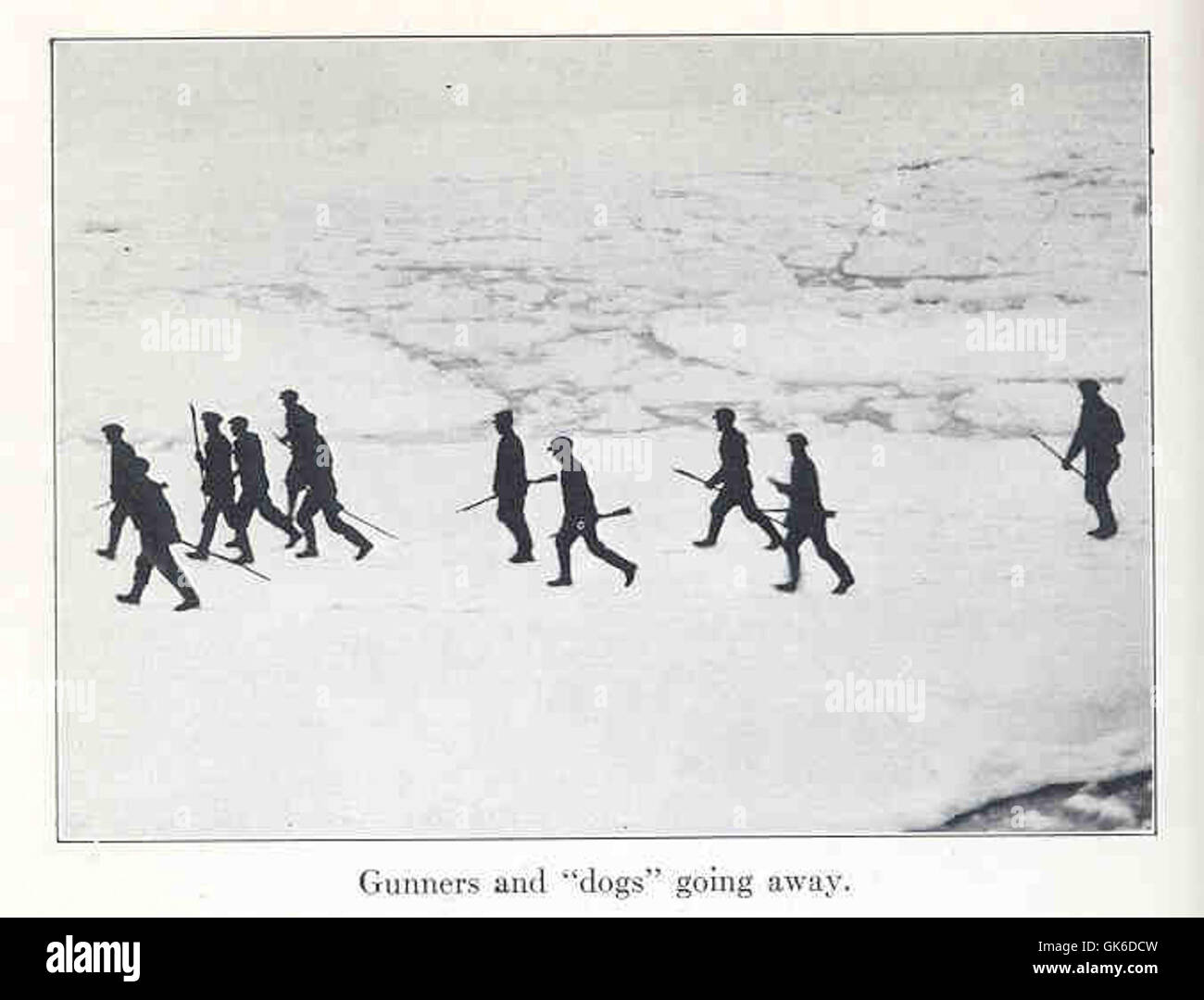 A historical scene depicting gunners and their dogs leaving a military ...